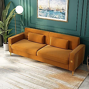 ANTTYBALE 85.63" Velvet Sofa,Modern Loveseat Couch with Pillows Set of 2 for Living Room,Bedroom,Apartment Furniture with Gold Metal Legs (Orange)