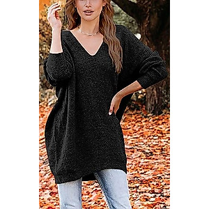 PRETTYGARDEN Women's Pullover Sweater Dress Casual Long Sleeve Ribbed Knit V Neck Loose Oversized Sweaters Dresses (Black,Large)