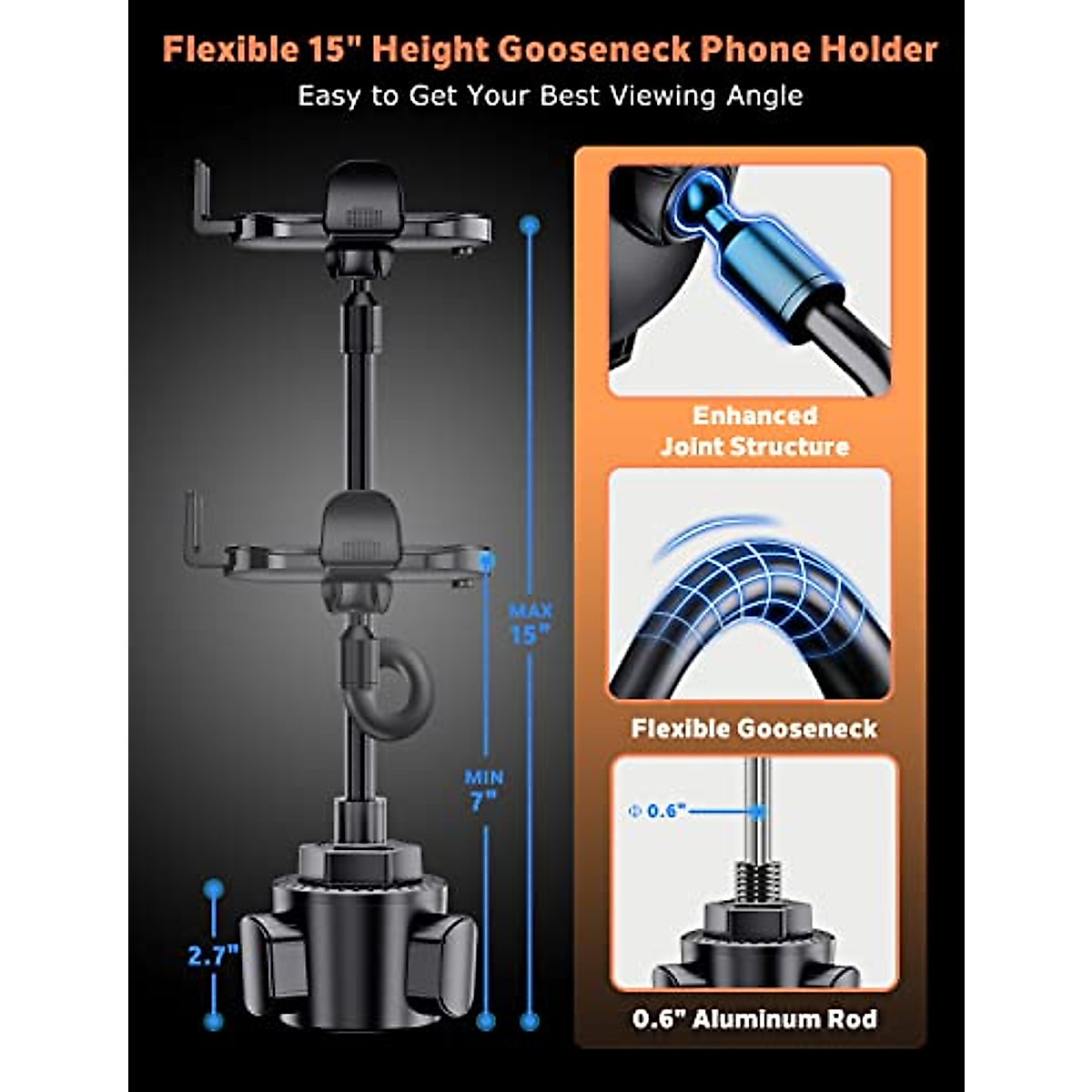 eSamcore Cup Holder Phone Holder for Car - 15" Height Gooseneck Cup Holder Phone Mount for Car, Adjustable Car Phone Holder Mount for Tesla Compatible with All iPhone Samsung Galaxy Cell Phones