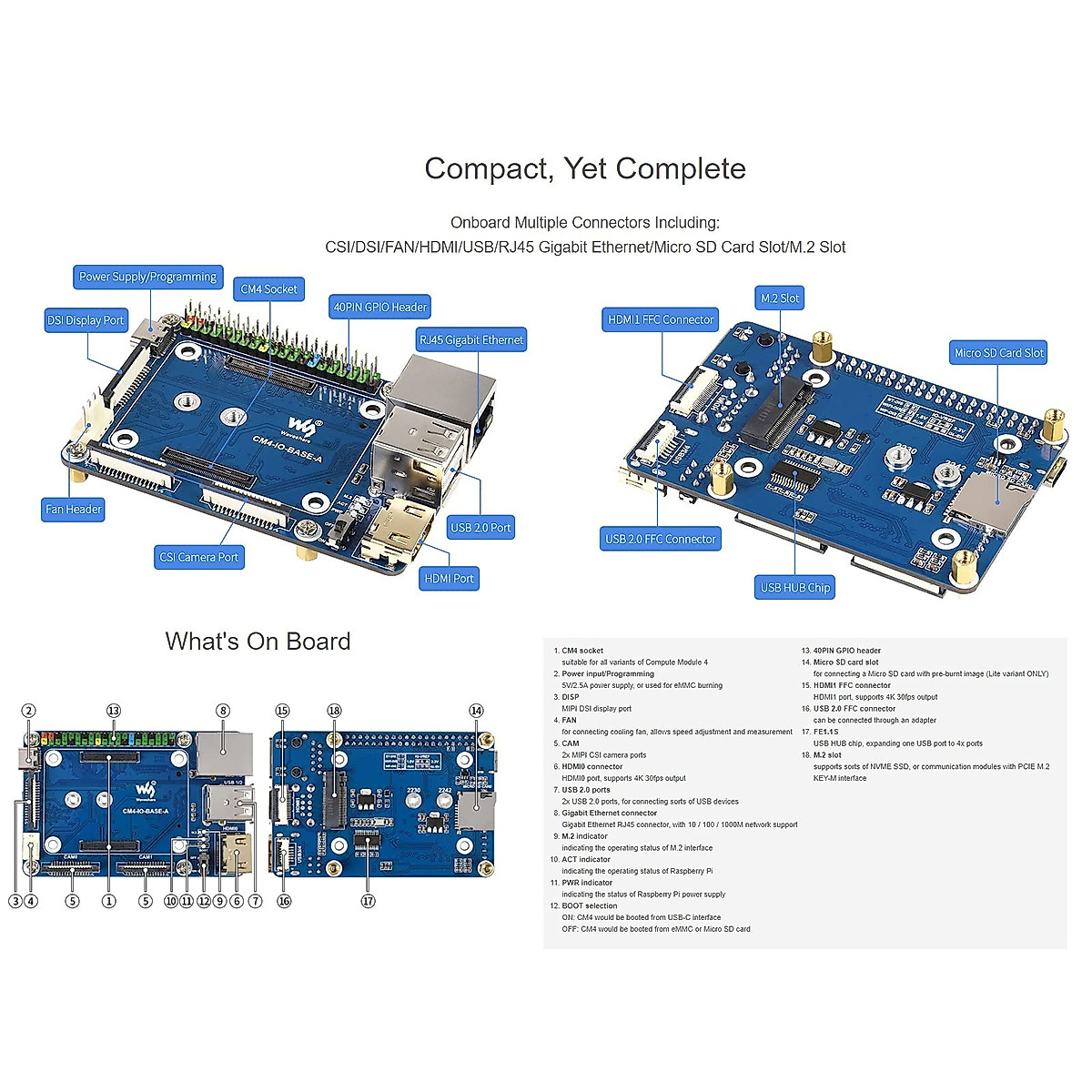 for Raspberry Pi Compute Module 4 IO Board,Mini Base Board (A) Lite Version with Standard CM4 Socket and Color-Coded Raspberry Pi 40PIN GPIO Header Onboard CSI/DSI/FAN/HDMI/USB/RJ45 Connectors