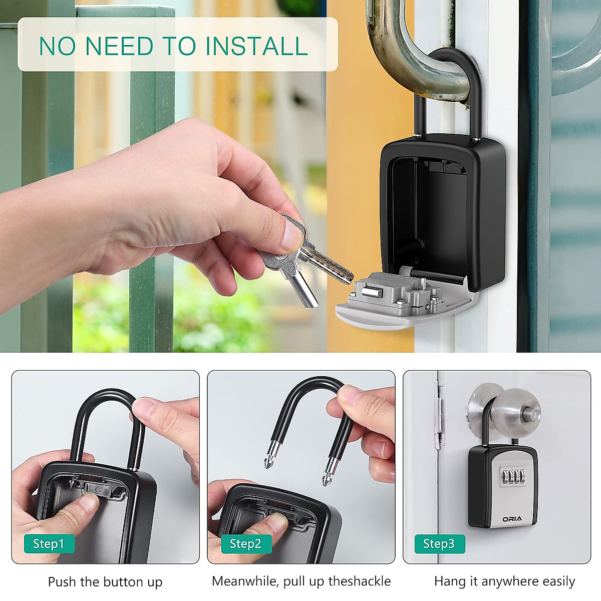 ORIA Key Lock Box, Key Safe Box, 4 Digit Combination Key Storage Lock Box Waterproof, 5 Keys Capacity with Removable Shackle for Indoor Outdoor, Silver, 3.66inch