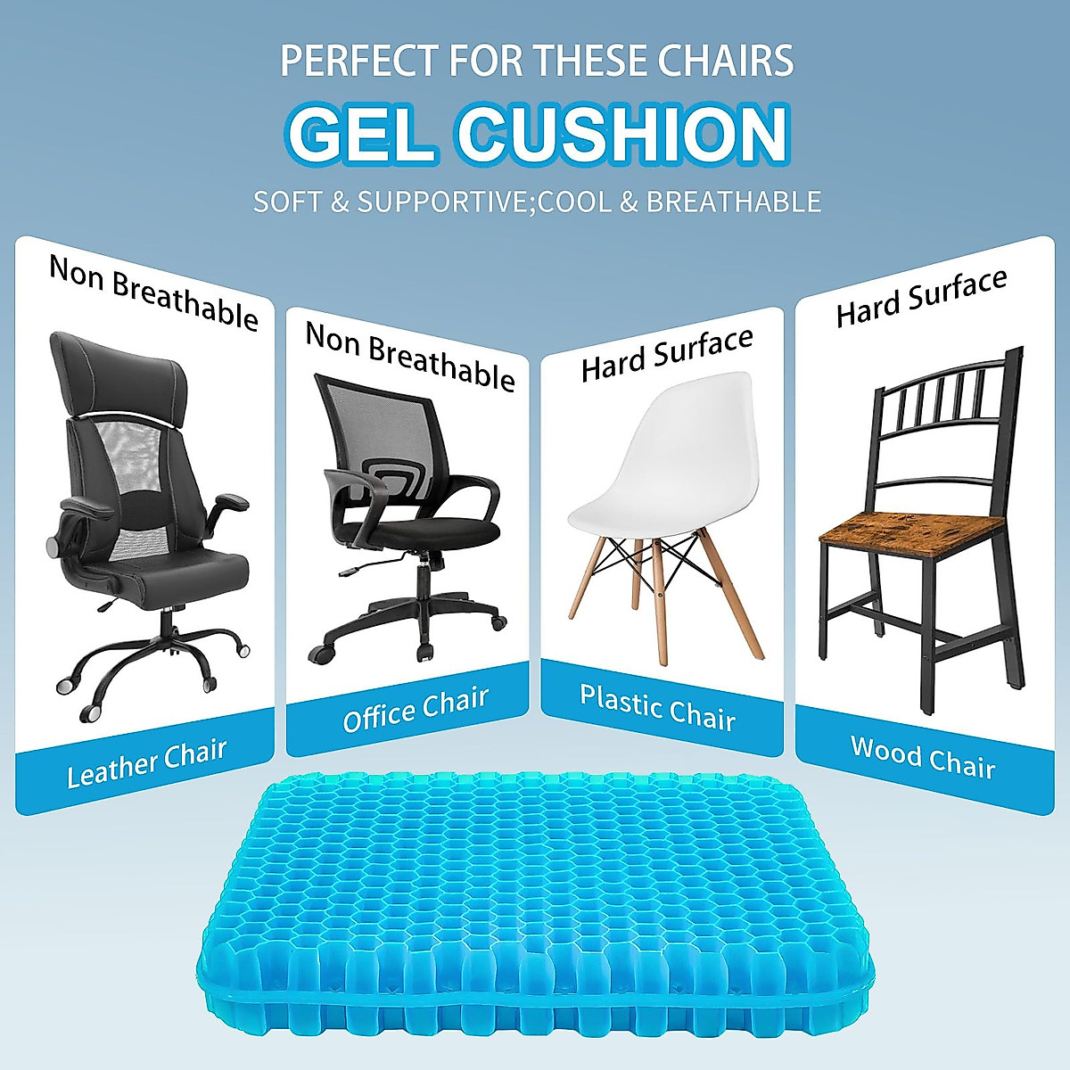 Gel Seat Cushion 2.4 Inch Thick, Double Thicken Layer, Relief Tailbone Pressure, Breathable Honeycomb Design Gel Cushion with Washable Non-Slip Cover for Office Chair, Car Seat, Wheelchair (Blue)