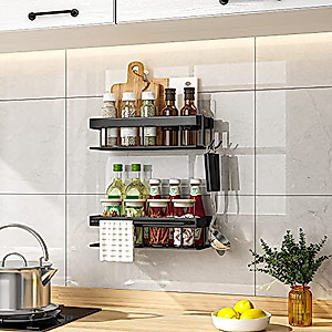 Shower Caddy, Black Shower Caddy with 2 Hooks and 1 Towel Bar, Adhesive Shower Caddy Aluminum Bathroom Wall Shelf, No Drilling Shower Organizer for Bathroom Toilet, Kitchen-2 Pack (Matte Black)