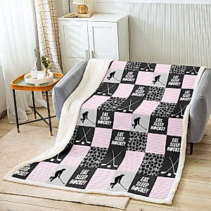 Ice Hockey Throw Blanket Throw 50"X60" Hockey Player Pucks Plush Bed Blanket For Teen Girls Kids,Eat Sleep Hockey Sherpa Blanket Sports Room Decor,Patchwork Check Plaid Fleece Blanket Pink Black Grey