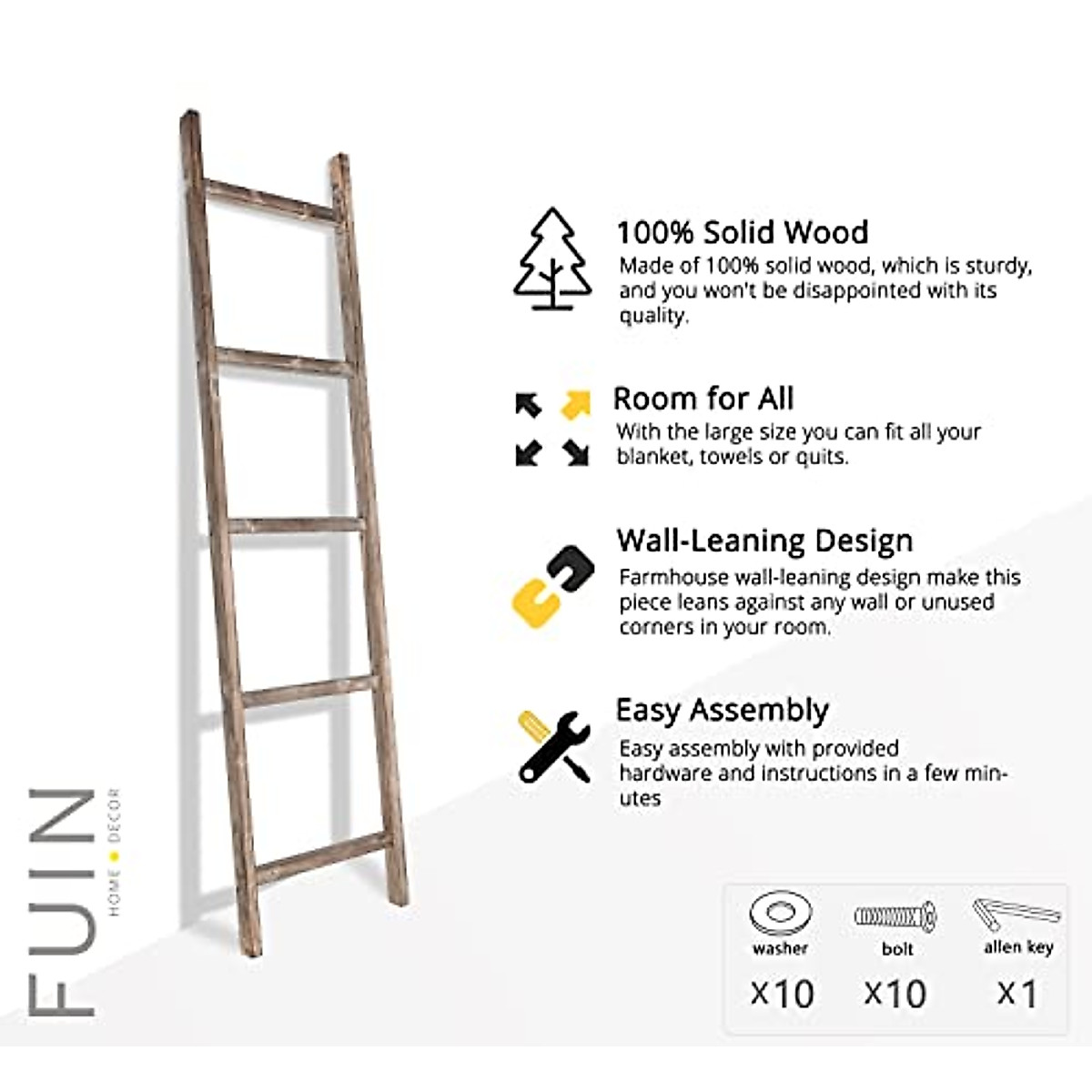 FUIN 6.3 Ft (76") Rustic Blanket Ladder Holder Farmhouse Wood Decorative Wall Leaning Quilt Towel Display Bathroom Rack, Light Brown