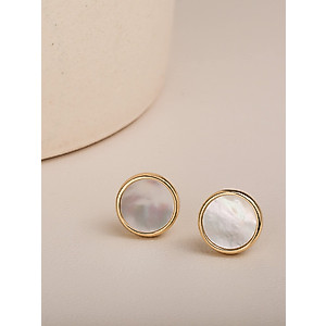 S.Leaf Minimalism Mother of Pearl Stud Earrings Sterling Silver Round Disc Stud Earrings for Women (yellow gold)