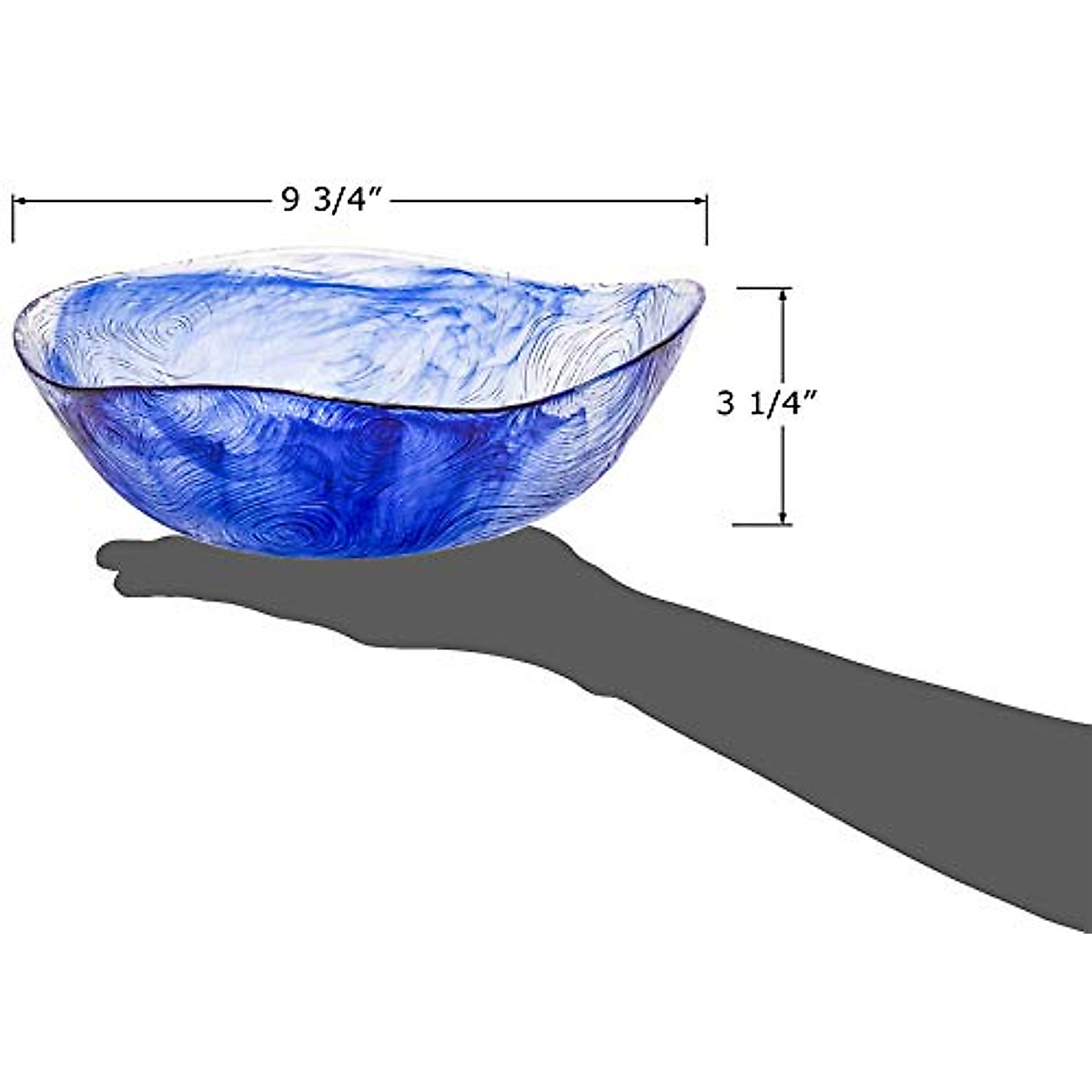 Red Co. 9.5 Inch 62 Ounce Etched Wavy Glass Salad Bowl, Large Tabletop Centerpiece, Blue