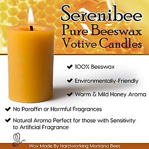 Serenibee Candle 100% Pure Beeswax Votive Candles - Set of 12 Hand-Poured Eco Friendly Gift Set - Long Burning