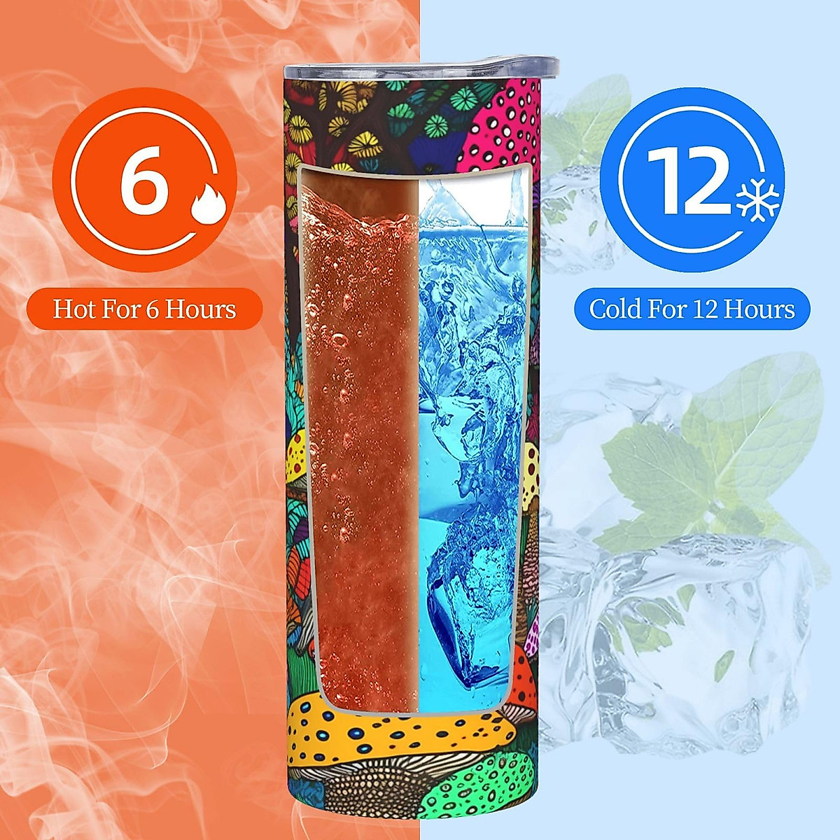 Mount Hour Cartoon Mushroom Stainless Steel Insulated Tumbler 20 OZ, Colorful Forest Coffee Mug Cup with Splash-Proof Lid and Straw for Car Home Office Outdoor Travel