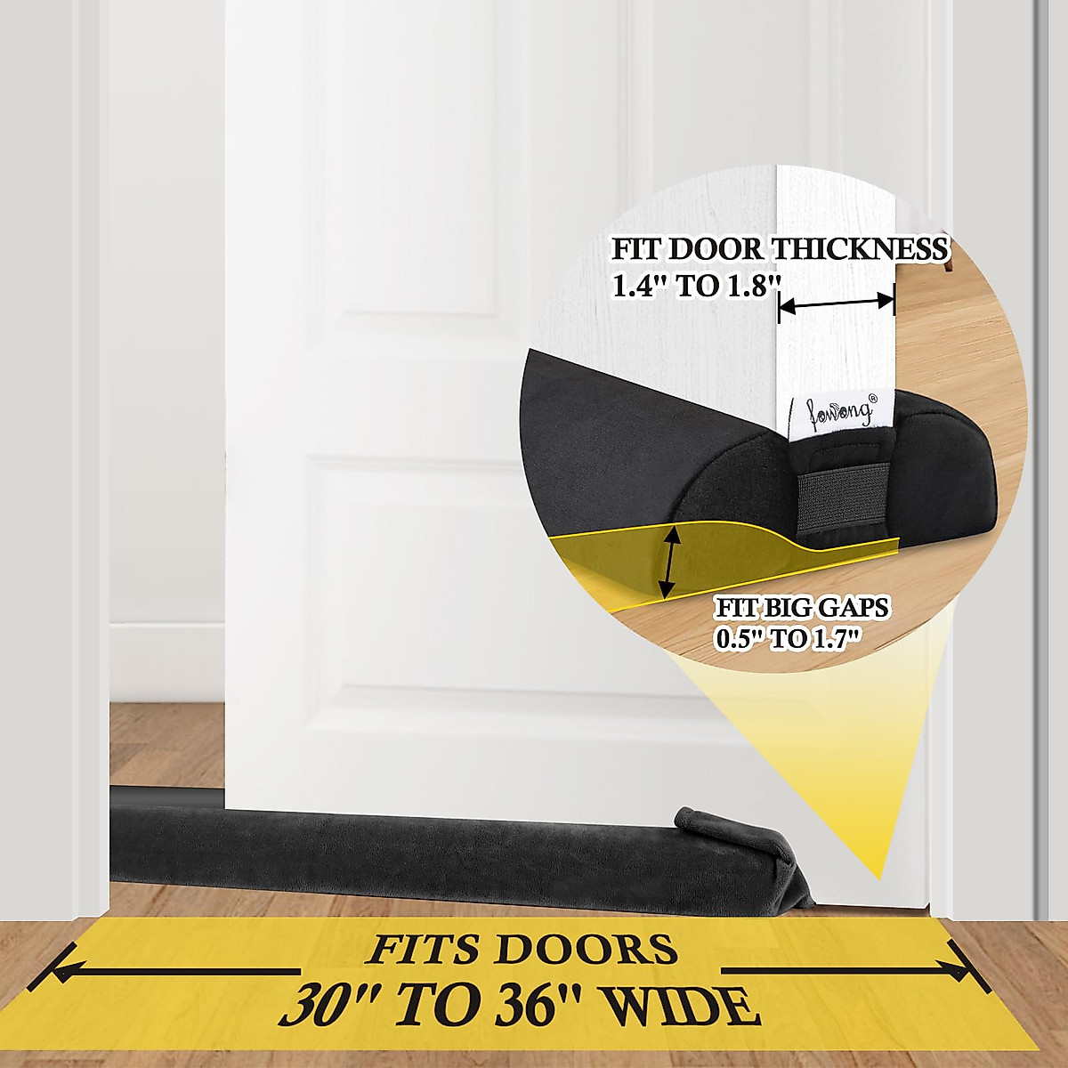 fowong Under Door Draft Stopper 30" to 36" Adjustable Draft Stopper for Bottom of Door, Soundproofing Noise Blocker Seal Gap up to 1.7", Easy to Install, Black