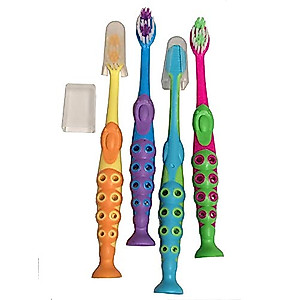Secret for Longevity 4-Pack of Kids Children Boy Girl Toddler Extra Soft Bristle Easy Grip BPA Free Toothbrush Set w/Suction Base and Travel Dust Covers