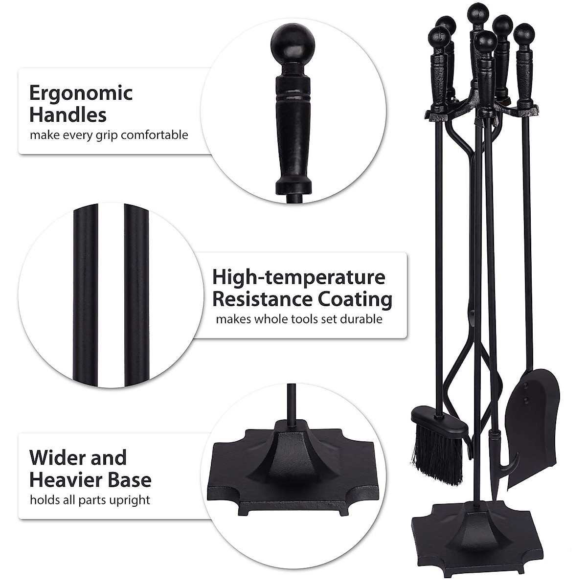 GASPRO 5-Piece Fireplace Tools Set, 32 Inch Wrought Iron Fireplace Accessories Includes Fire Poker, Shovel, Brush, Tong, and Stand, Easy to Assemble