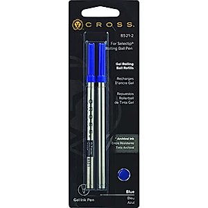 Cross A. T 85212 Selectip Rollerball Pen Refill, Medium Point, 2/Pk, Blue Ink