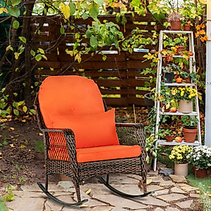 Outvita Rocking Chair, Outdoor PE Rattan Rocking Chair with Soft Orange Cushion and Pillow for Patio, Porch, Poolside, Living Room