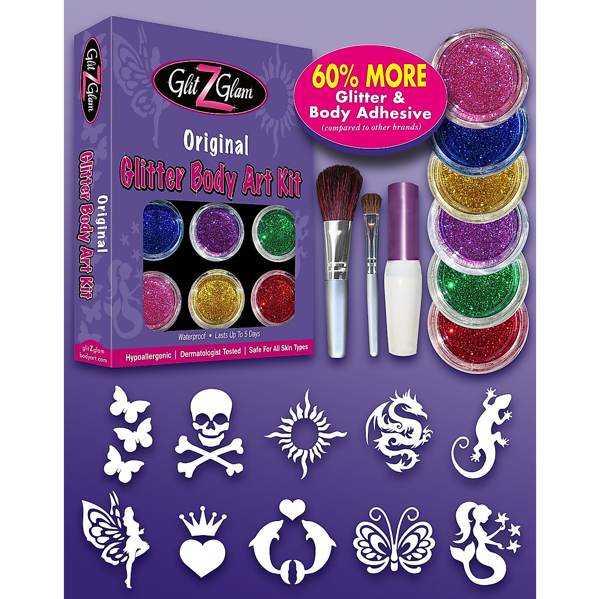 Best of GlitZGlam Stencit Set, Body Adhesive and Glitter Tattoo Kit Original - with 6 Large Glitters & 12 Stencils - HYPOALLERGENIC and DERMATOLOGIST TESTED! - for boys & Girls. Children Tattoos by Gl