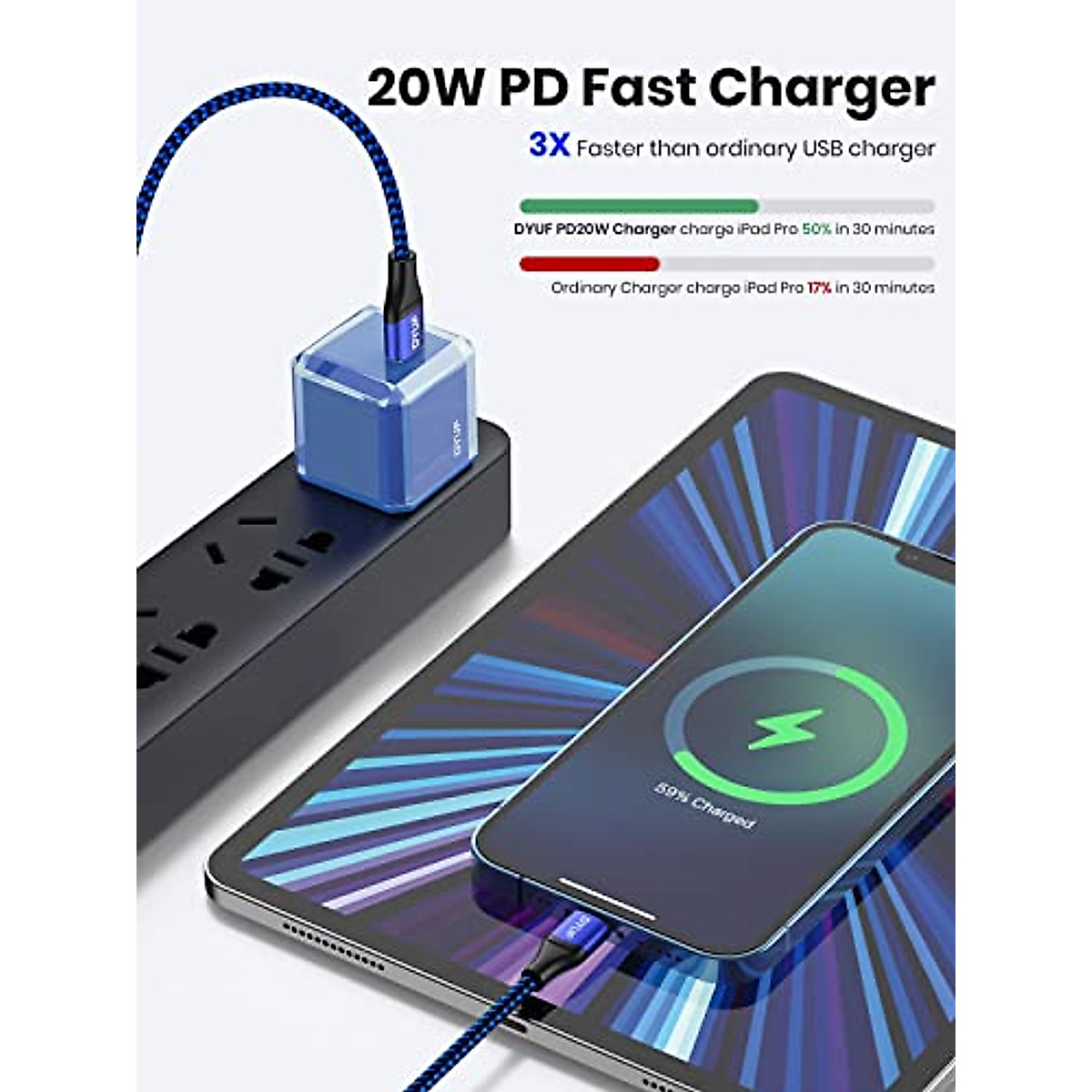 DYUF Ipad Pro Charger,20W USB C Fast Charger with 60W Ipad Charger Cord, Compatible with Samsung/iPad, Fast Charging and Data Transfer