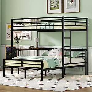 Metal Twin Over Full Bunk Bed Frame with Desk, Loft Platform Mattress Foundation with Steel Slat Support Storage Space