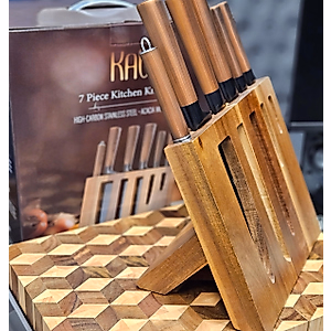 Knife Set with Block, KAV 7pc Kitchen Knives and Sharpening Rod, Stainless Steel Knife Set in High Carbon Matte Black, Chef's Slicing Bread Utility Knifes, Modern Wooden Block Open Face