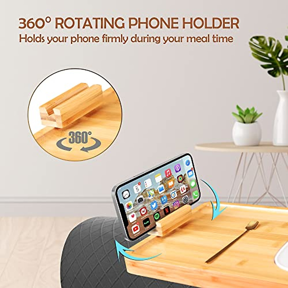Zenmox Bamboo Clip On Couch Tray Built-in Mug Warmer with Mug Set - Table for Food, Drink Holder - Modern, Sleek Design - with 360° Rotating Phone Holder