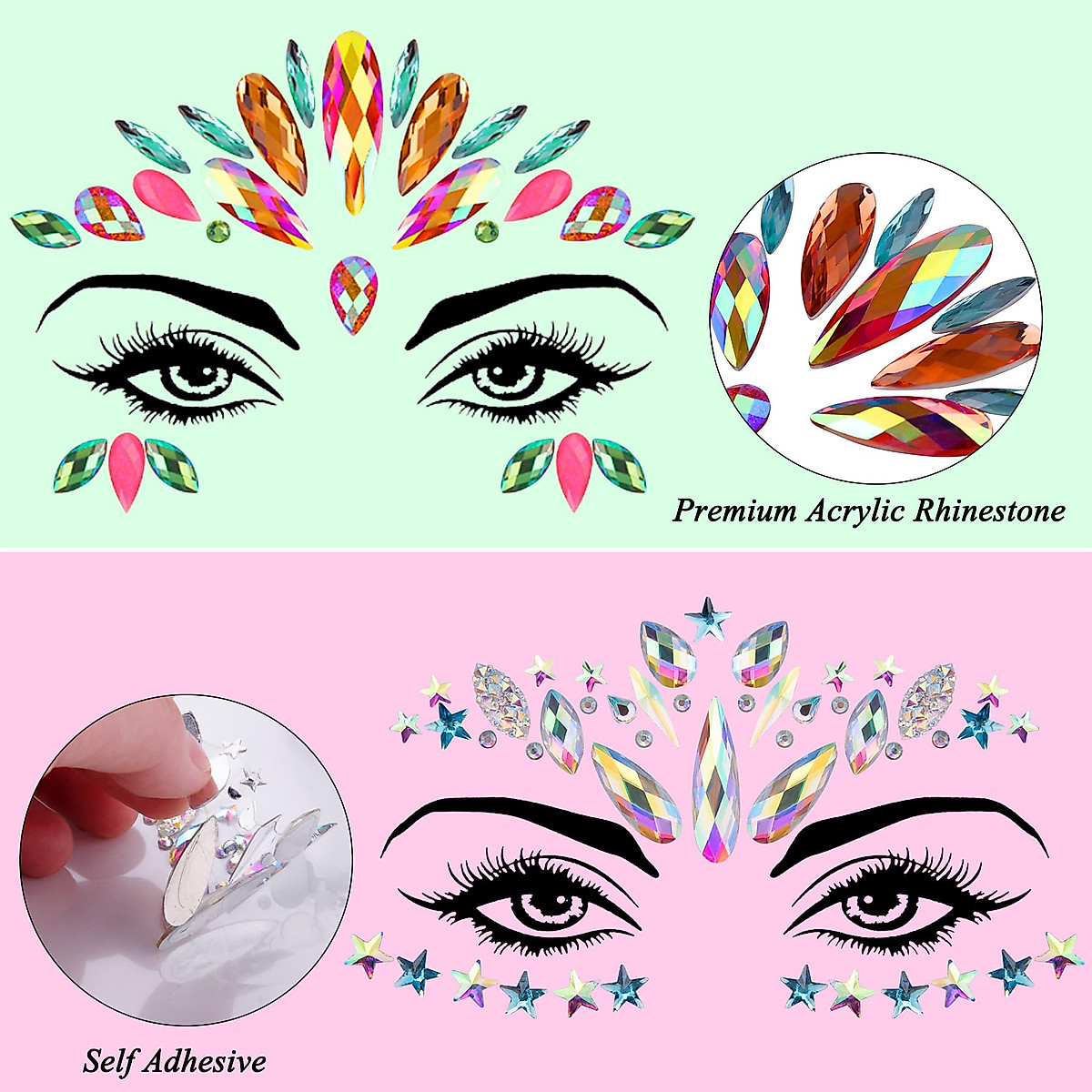 SIQUK 24 Sets Face Jewels Mermaid Face Gems Sticker Face Crystal Rhinestone Face Jewel for Festival Rave Carnival Party