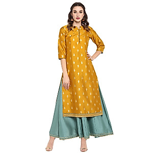 Janasya Indian Women's Mustard Foil Printed Poly Silk Ethnic Dress