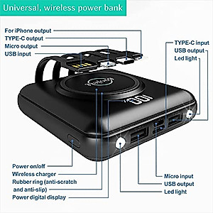 Wireless Portable Charger Power Bank 10000mAh Portable Phone Charger,iPhone Charger with Built in 4 Cable, USB-C-Wireless Charging External Battery Pack Backup Compatible with iPhone, Samsung, iPad 1