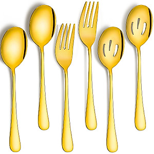 6 Pack Serving Spoons Set Includes 2 Serving Spoons 2 Slotted Serving Spoons and 2 Serving Forks Stainless Steel Buffet Dinner Restaurant Serving Spoons Set for Party Banquet, 8.7 Inch (Gold)