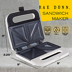Rae Dunn Portable Sandwich Maker - Non-Stick Plates, Indicator Light, Locking Lid, Cool Touch Handle & Cord Storage. Ideal for Breakfast, Grilled Cheese & Tuna Melts. Easy to Clean & Store - (Cream)