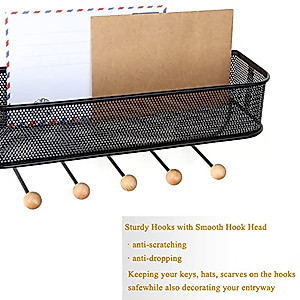 Mail Organizer Wall Mount Key and Mail Holder for Wall Decorative with 5 Key Hooks Mail and Key Rack Hanger Metal Wire Mesh Storage Basket for Entryway Letters Magazine Bills Leashes Coat - Black