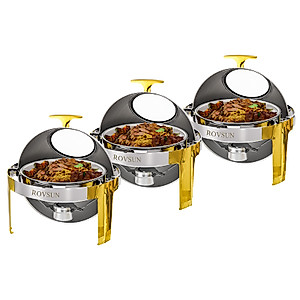 ROVSUN 3 Packs Roll Top Chafing Dish Buffet Set Gold Accent,6 Quart Round Stainless Steel Chafer, Buffet Servers and Warmers Set Warming Tray with Glass Window for Wedding, Parties, Banquet, Events
