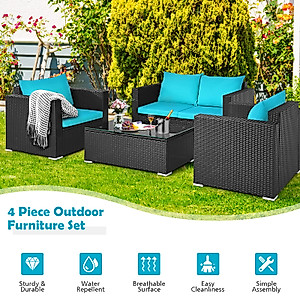 Tangkula 4 Piece Patio Rattan Conversation Furniture Set, Outdoor Wicker Sofa Set with Padded Cushion & Tempered Glass Coffee Table, Wicker Sectional Sofas and Table for Courtyard (1, Turquoise)