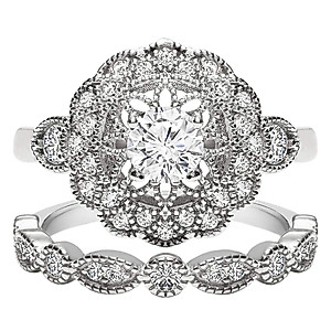 TwoBirch 18k White Gold Microplated Art Deco Floral Design Duo Bridal Ring Set Engagement Ring and Wedding Band with Cubic Zirconia (SET (2 RINGS), Size 7)