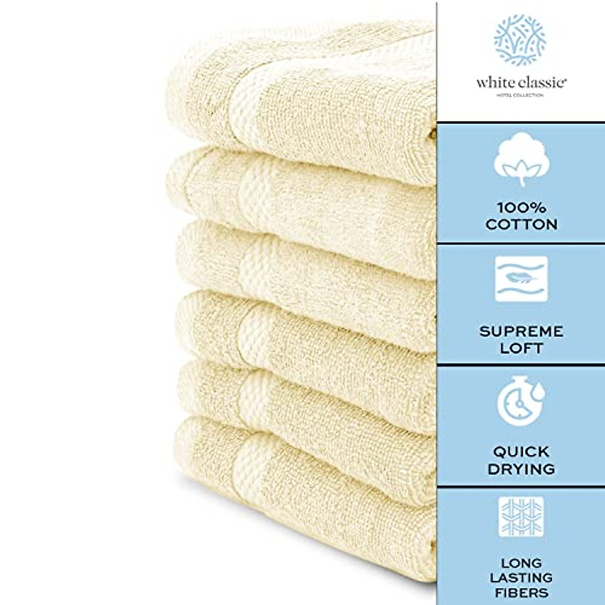 White Classic Luxury Hand Towels | 6 Pack Luxury Cotton Washcloths | 12 Pack Bundle (Beige)