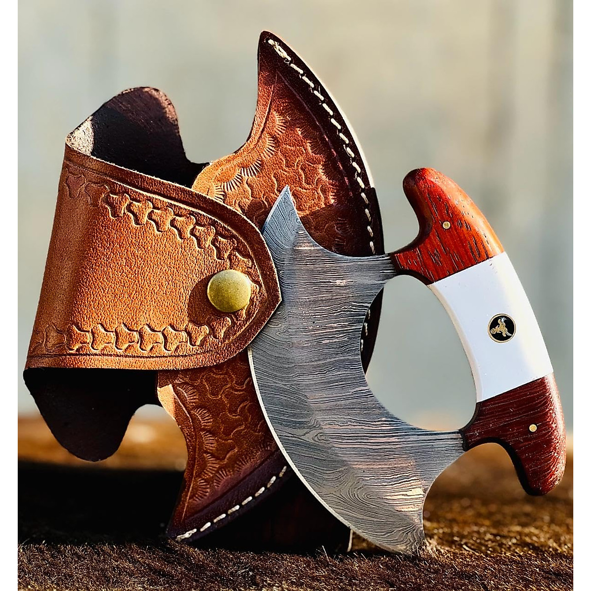 Bodacious Knives Damascus Ulu Knife- Handmade 5.5"" Alaskan Pizza Cutter Small Ulu Knife with Sheath- Ideal Alaska gifts for Chopping, Slicing, Mincing, and Skinning (Red & White), Traditional