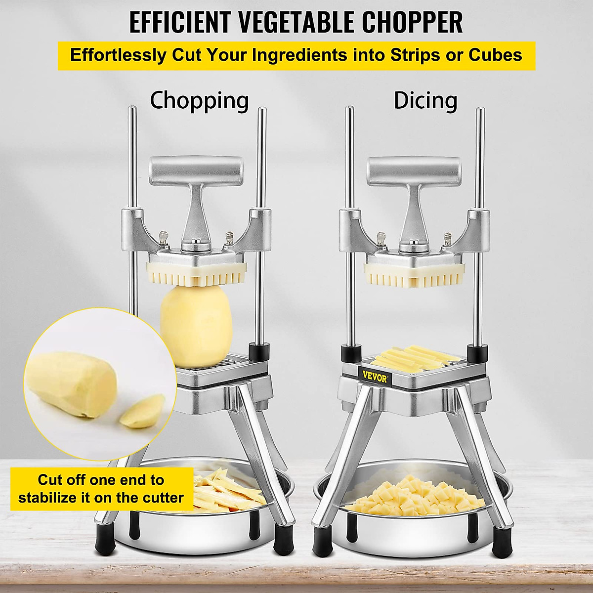 VEVOR Commercial Vegetable Fruit Chopper, Stainless Steel French Fry Cutter w/ 4 Blades 1/4" 3/8" 1/2", Vegetable Chopper Dicer w/Stainless Bowl, Heavy Duty Cutter for Potato Tomato Onion Mushroom