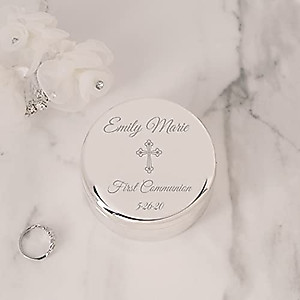 Cherished Moments Personalized Small Round Jewelry Keepsake Box that has Custom Engraved Cross and Message for First Communion Gift for Girls, Silver Toned