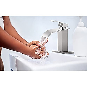 DJS Waterfall Single Handle Modern Bathroom Faucet, Brushed Nickel, 1 or 3 Hole Bathroom Sink Faucet Mixer Tap Washbasin, Faucet with Deck, Pop-up Drain and Supply Hoses