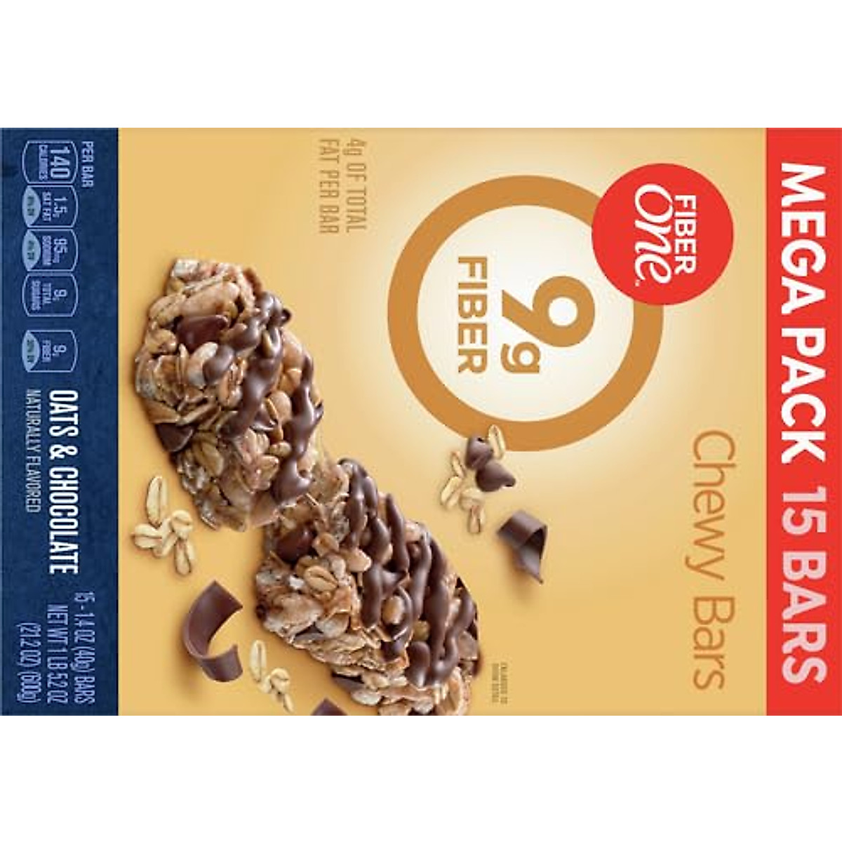 Fiber One Chewy Bars, Oats & Chocolate, Fiber Snacks, Mega Pack, 15 ct