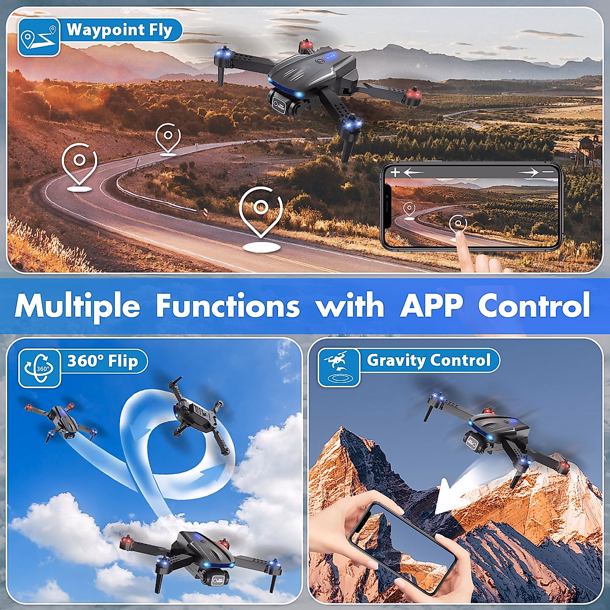 Naseto Drone with Camera 1080P for Kids Adults, Foldable HD FPV Mini Drone with 2 Batteries, One Key Take Off/Land, Altitude Hold, Headless Mode, 360°Flip, Gravity Control, Gestures Selfie, 3 Speed Mode, Waypoint Fly