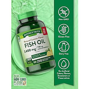 Nature's Truth Burpless Fish Oil 2400mg | 250 Softgels | 720 mg Omega 3 | Natural Lemon Flavor Pills | Non-GMO & Gluten Free Supplement