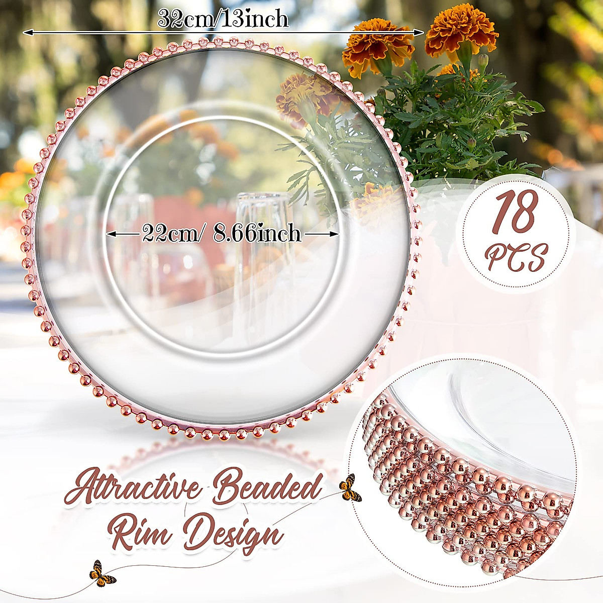 18 PCS Clear Charger Plates with Beaded Rim 13 Inch Plastic Round Charger Plates Bulk Acrylic Round Dinner Plate Chargers Decorative Plates for Home Kitchen Party Wedding Tabletop Decor(Rose Gold)