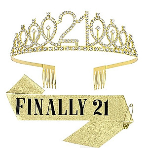 CURASA Gold Finally 21 Birthday Crown and Sash Kit for Women Girls 21st Birthday Tiara and Sash Set for Girls Rhinestones Crowns and Sash 21st Birthday Gift for Women 21st Birthday Decorations for Her