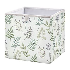 Kigai Storage Basket White Flowers Leaves Foldable Storage Bin 15.8 x 10.6 x 7 Inches Cube Storage Baskets Box for Shelves Closet Laundry Nursery Bedroom Home Decor