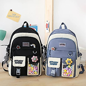 YGYCF Kawaii Backpack 5Pcs Set for Student with Cute Knot Accessories - School Bags for Teen Girls Back to School Supplies Essentials Aesthetic Bookbag, C Blue
