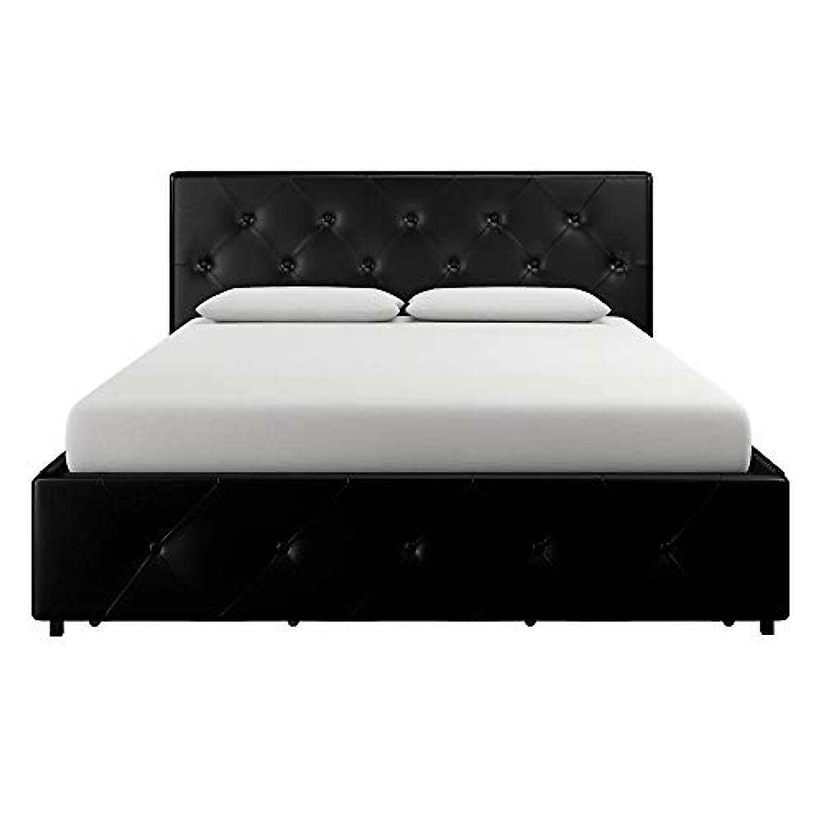 DHP Dakota Upholstered Platform Bed with Underbed Storage Drawers and Diamond Button Tufted Headboard and Footboard, No Box Spring Needed, Full, Black Faux Leather