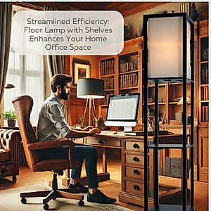 Floor Lamp with Shelves - Room Light by LIGHTACCENTS - Corner Storage Standing Bookshelf Lamp - Bedroom Light with Wooden Storage Shelves and White Cotton Linen Shade (Black)