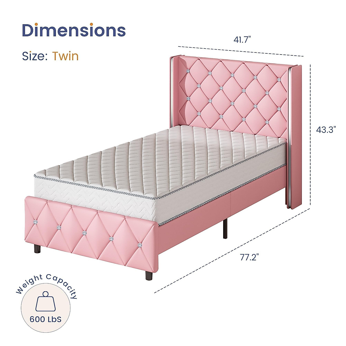 HOMBCK Twin Bed Frame, Upholstered Bed Frame with Diamond Tufted Headboard, Twin Bed Frames for Girls, Cute Princess Bed, Faux Leather, Wooden Slats Support, No Box Spring Needed, Pink