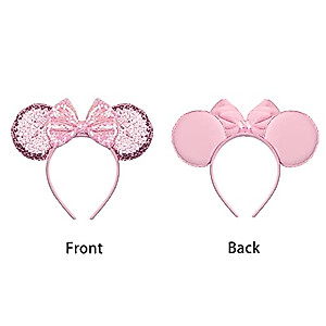 ZYTJ 2 Pcs Mouse Ears Headbands,Shiny Bows Mouse Ears Headbands for Birthday Parties, Themed Events, A Perfect Addition to Your Trip Essentials and Accessories for Women allpink