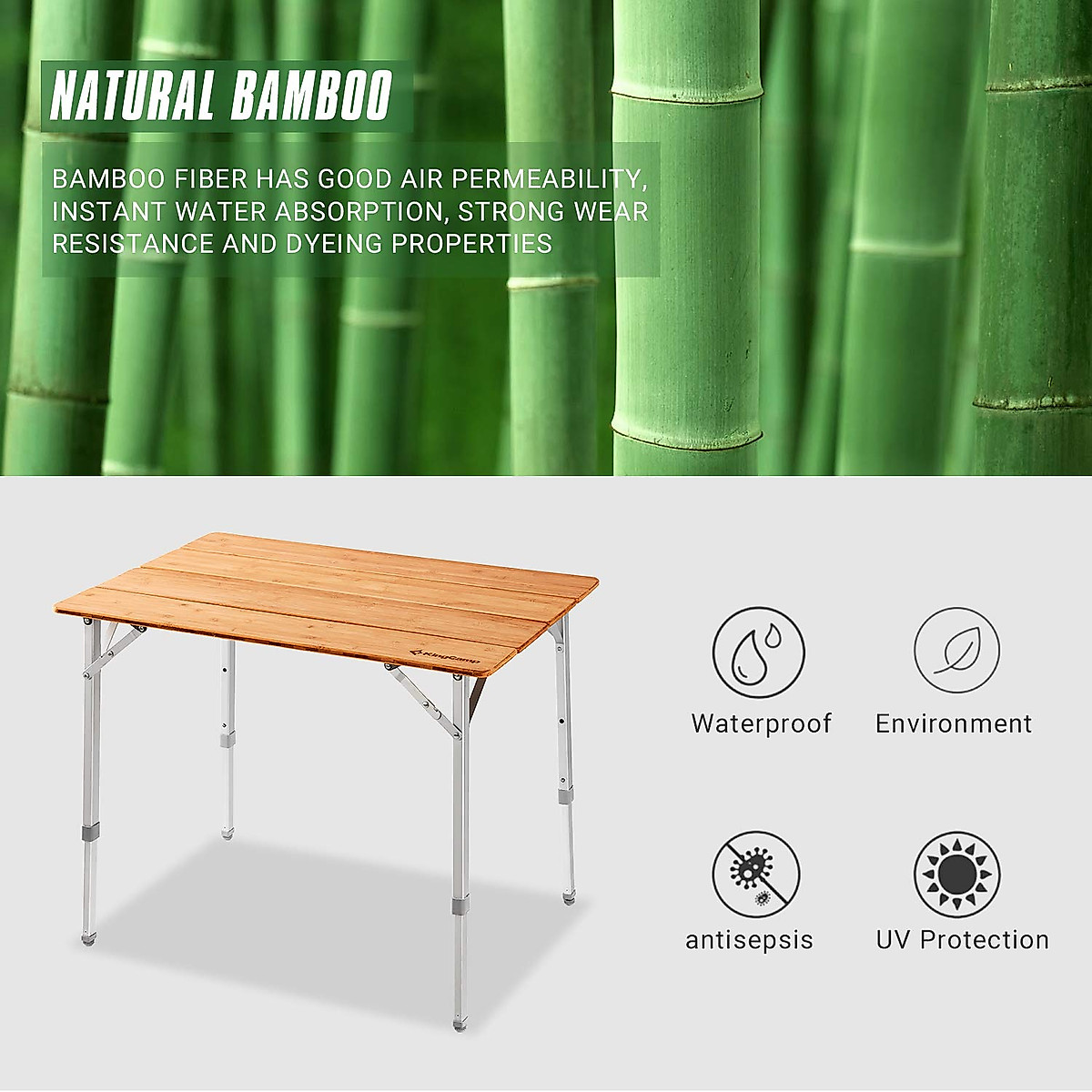 KingCamp Bamboo Camping Table Adjustable Height Portable Compact Folding Table for Indoor Outdoor Picnic Backyard BBQ