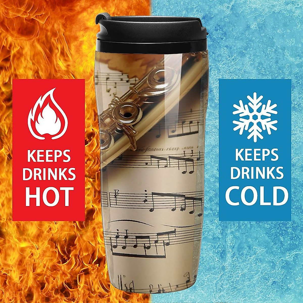 NTVOWPZO Travel Coffee Mug Flute Music Insulated Travel Mug Stainless Steel Coffee Tumbler Travel Coffee Cup Reusable Coffee Cups with Lids for Hot And Cold Drink